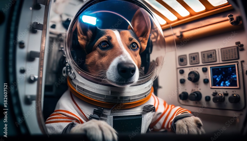 active cute dog flying into space with an astronaut costume and helmet ...