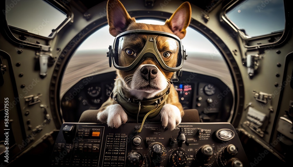 dog pilot wearing uniform and safety glasses control aircraft military ...