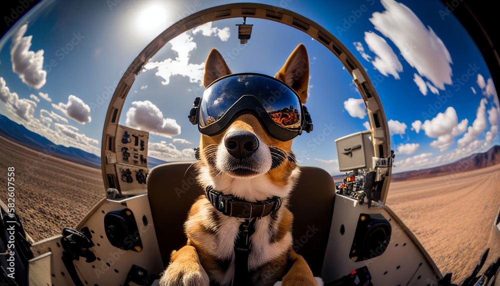 dog pilot wearing uniform and safety glasses control aircraft military ...