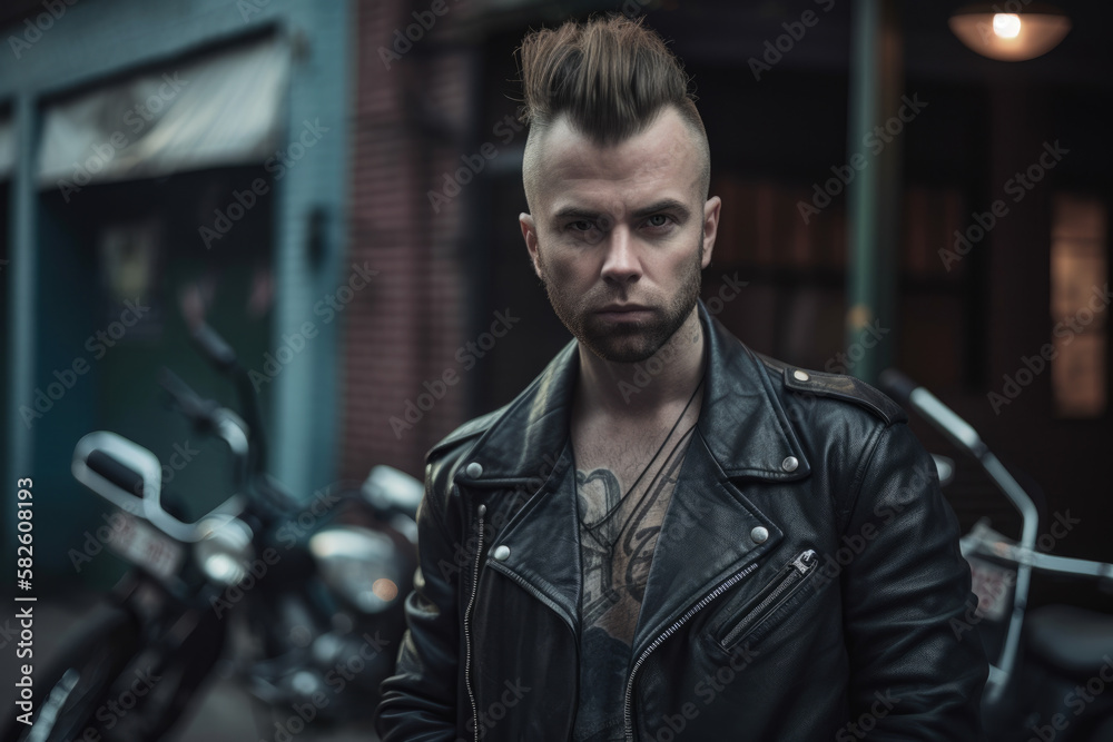 Badass Biker portrait of a man with a mohawk and a black leather jacket ...