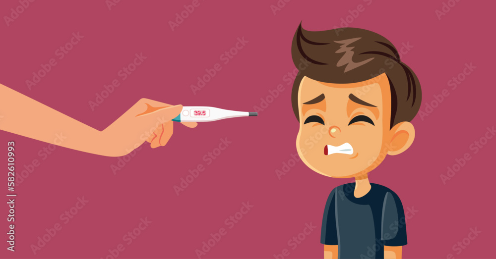 Ill Child Having a fever Vector Cartoon Illustration. Little boy ...