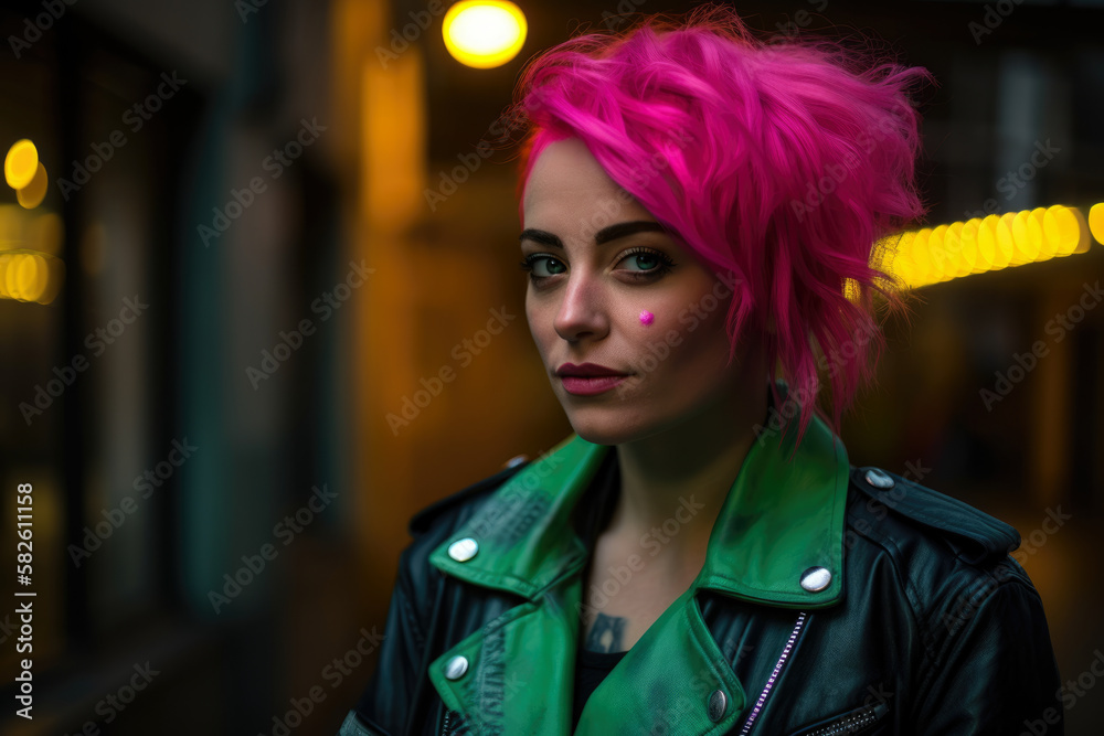 Neon Rebel portrait of a woman with bright pink hair and a neon green ...