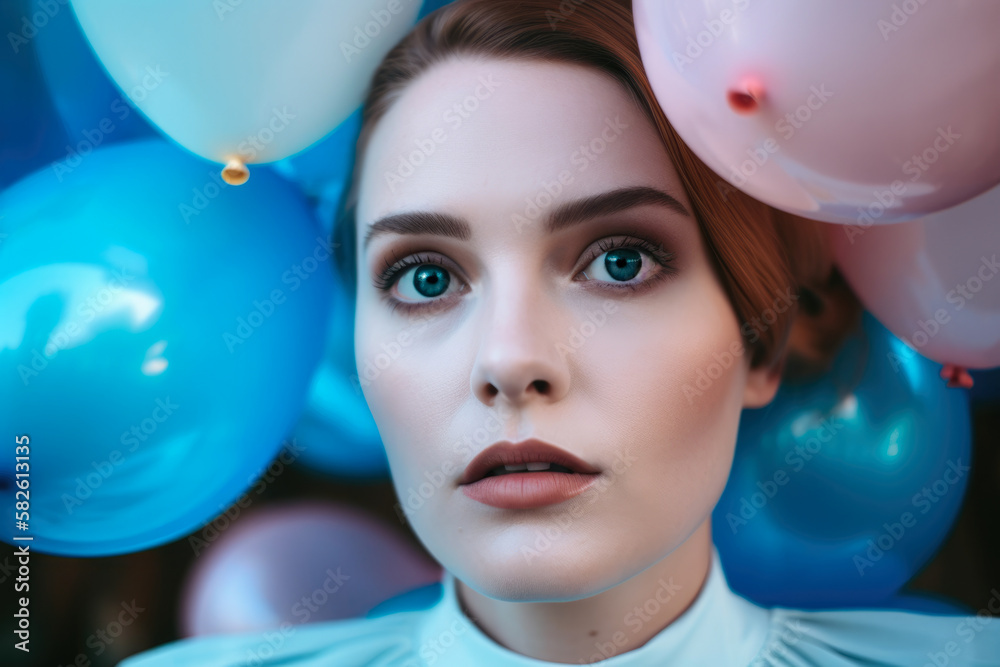 Surreal close-up of a woman's blue eyes with floating balloons and soft ...