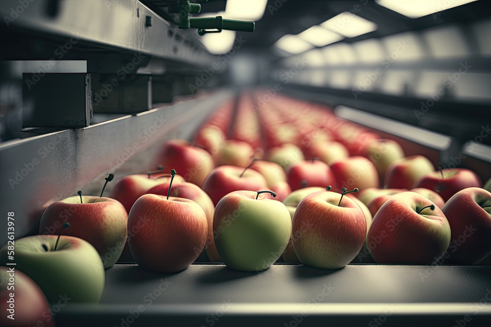 Apples in a food processing facility, clean and fresh, ready for ...