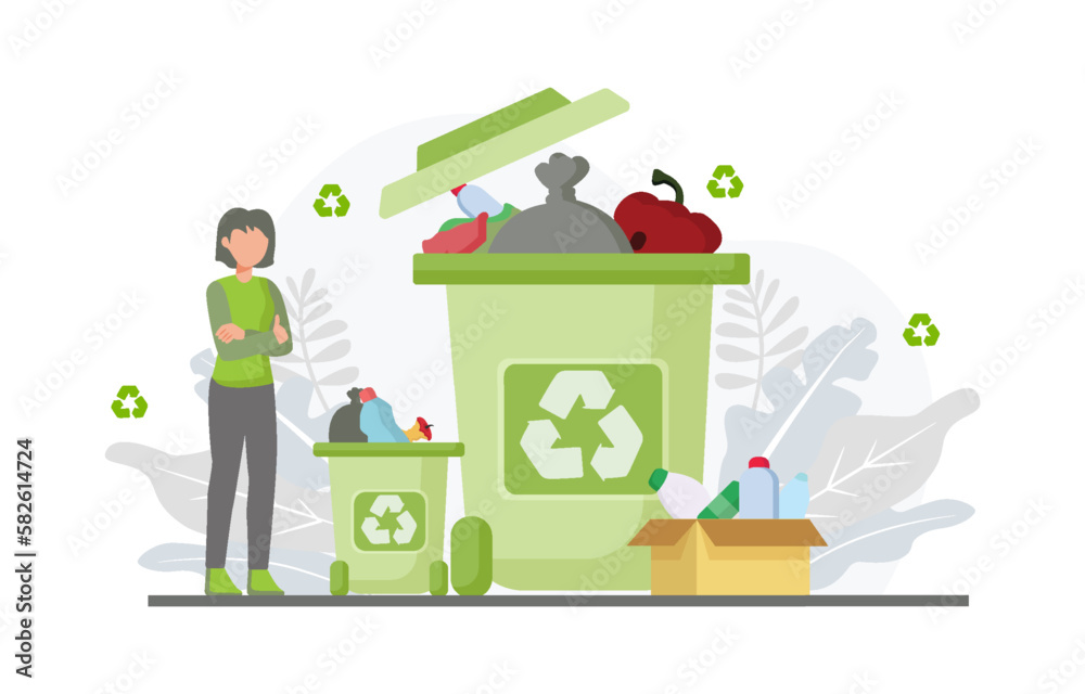 Characters reducing food waste, recycling plastic bottles. Reduce ...