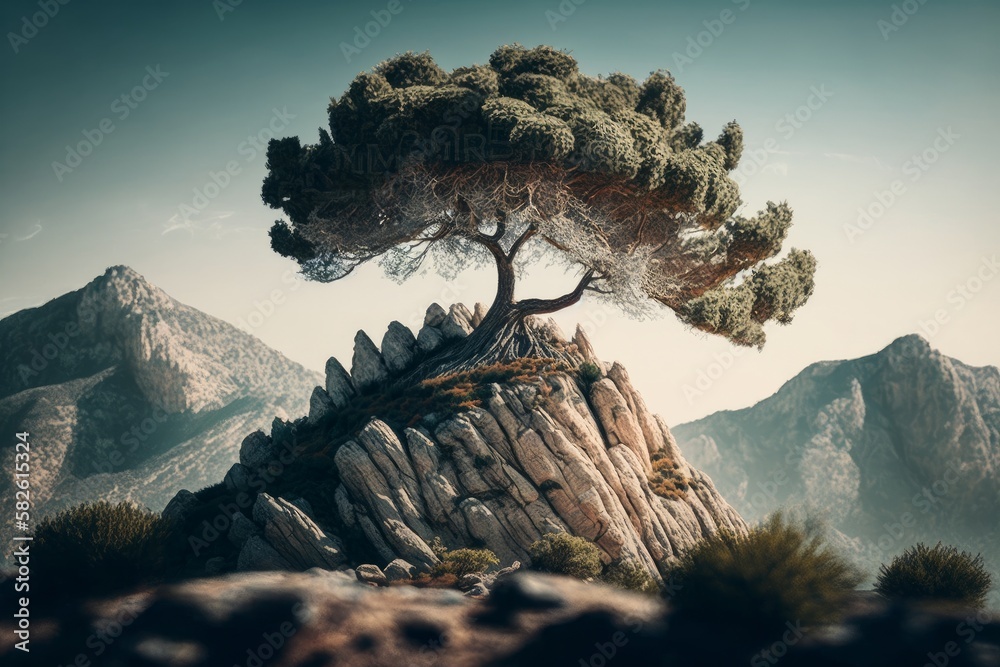 Cinematic Mountain Landscape: A Realistic Design with a Giant Tree on ...