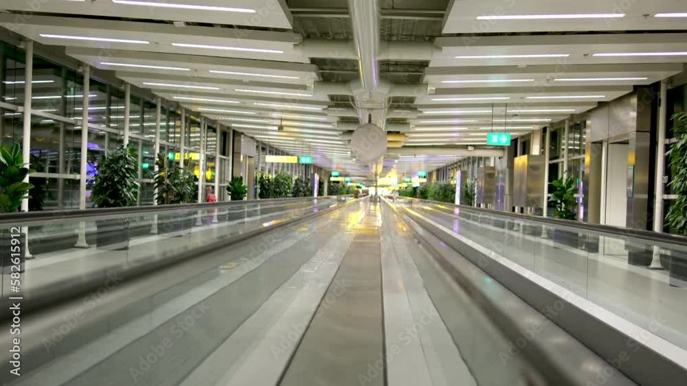 Schiphol Airport, Netherlands 2023 Empty moving sidewalk or walkway in ...