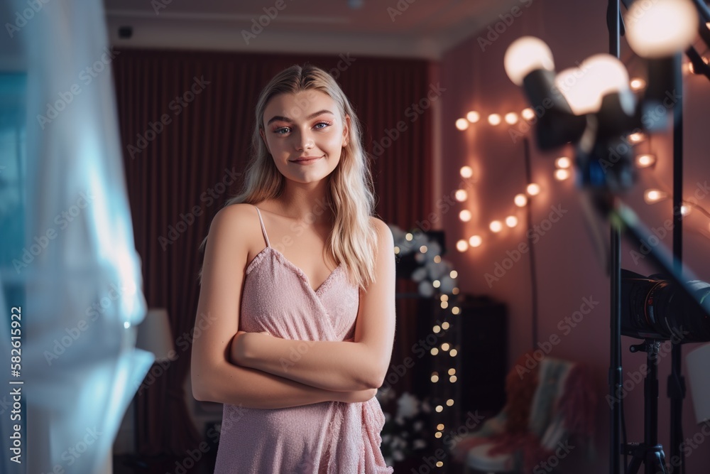 teenager blonde girl influencer posing like a star in her room, queer ...