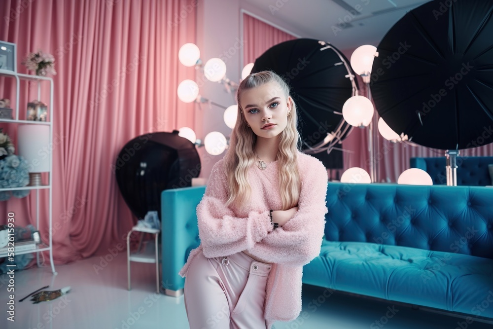 teenager blonde girl influencer posing like a star in her room, queer ...