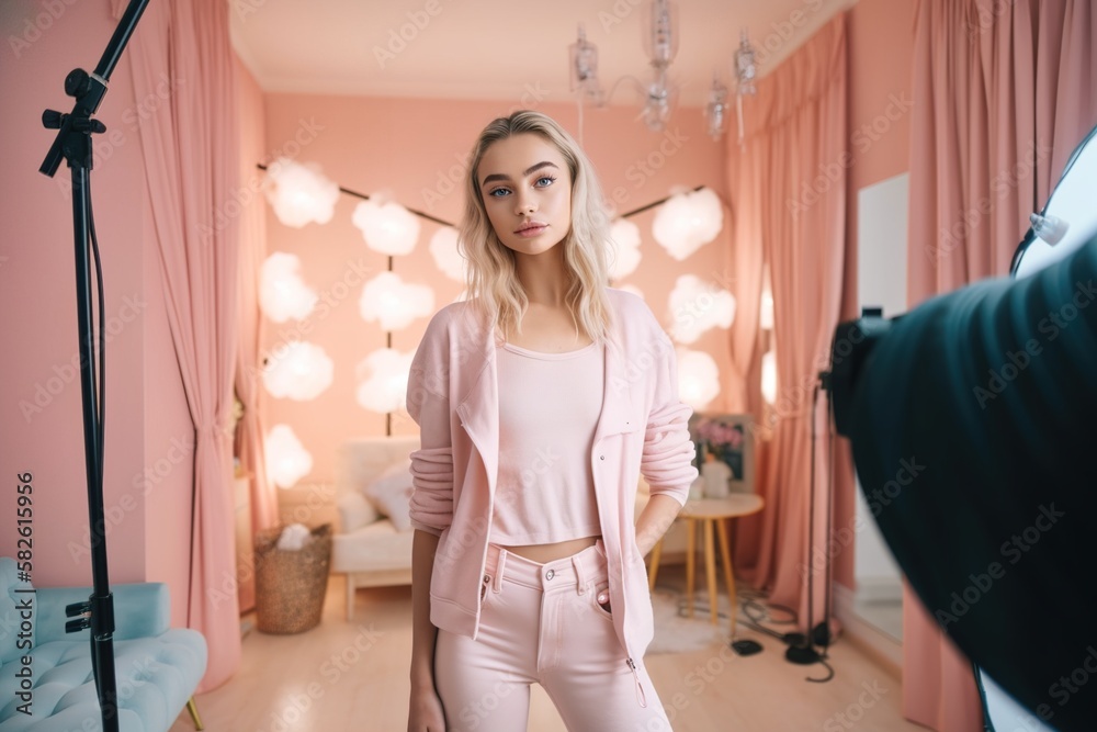 teenager blonde american girl influencer posing like a star in her room ...