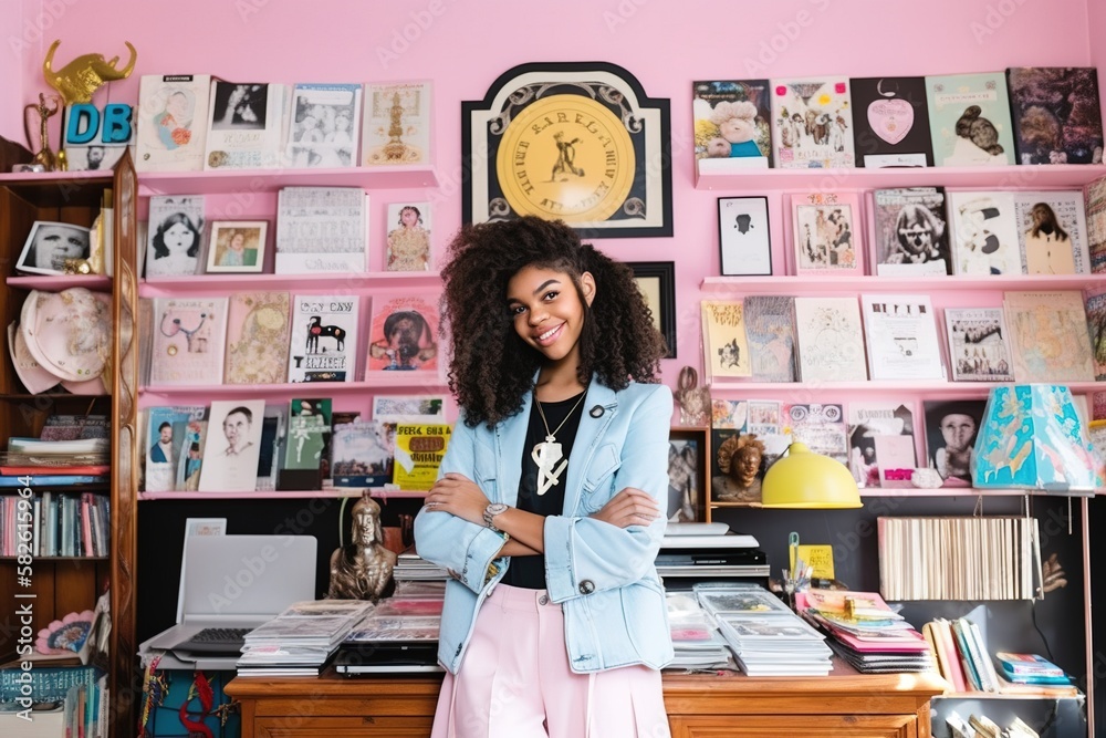 teenager black american girl influencer posing like a star in her room ...