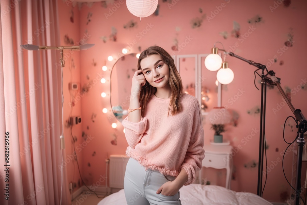 teenager blonde girl influencer posing like a star in her room, queer ...