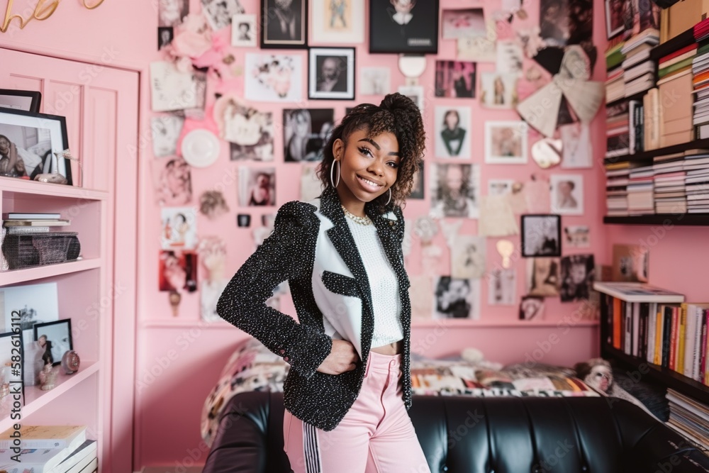 teenager black american girl influencer posing like a star in her room ...