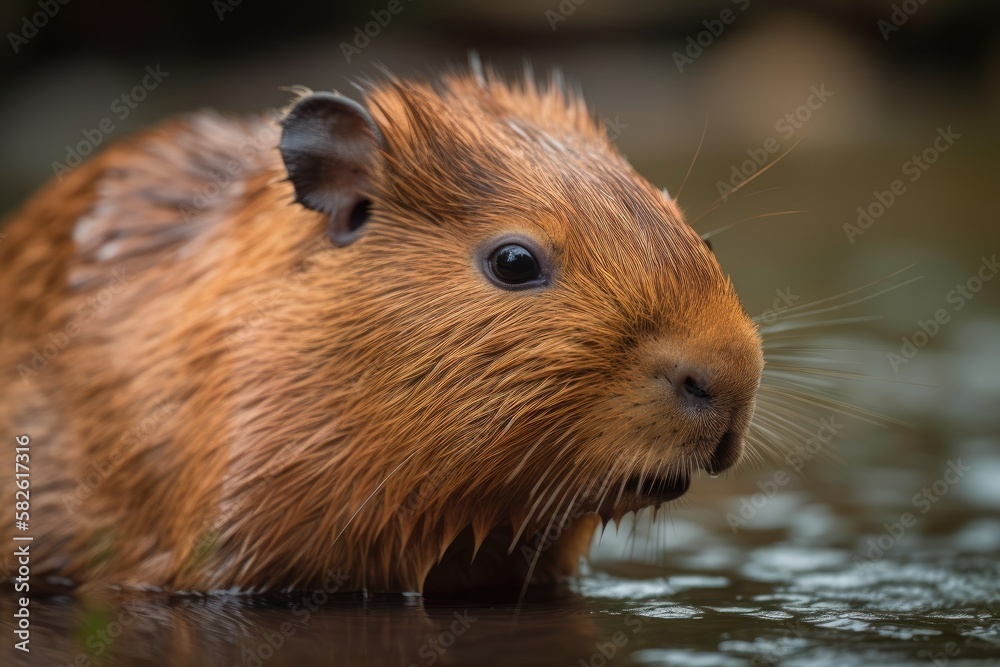 A adorable infant capybara is depicted in this close up portrait of a ...