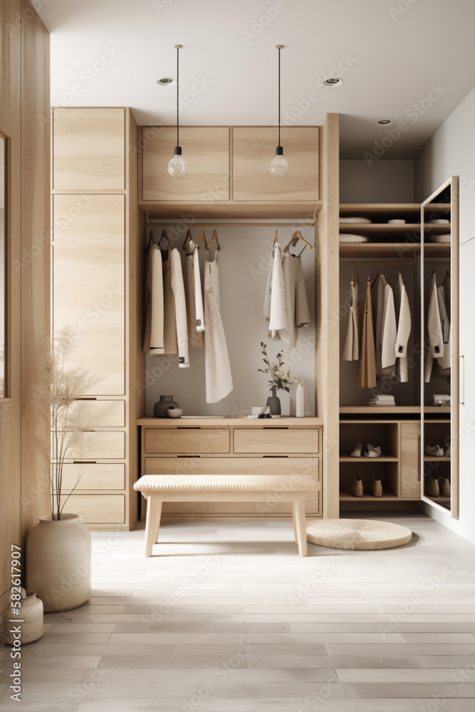 Walk-in closet room with natural wooden furniture and a beige color ...
