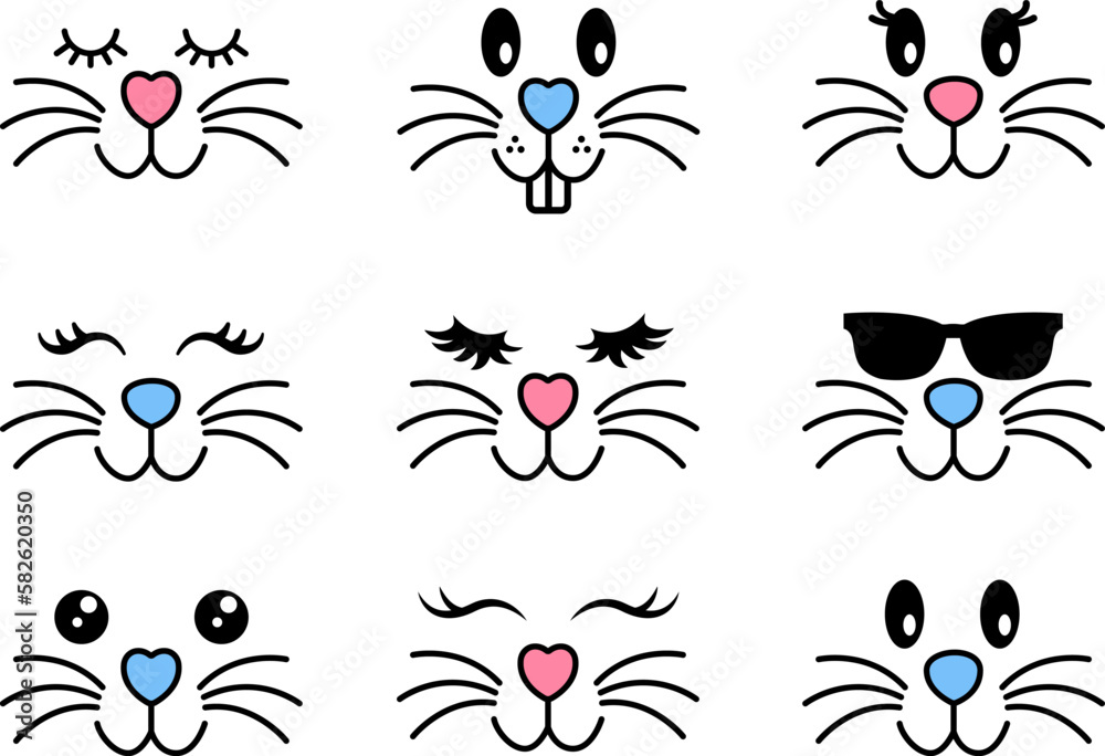Vector collection of bunny faces hand drawn cartoon style. cute ...