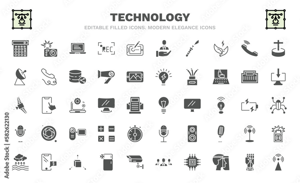 set of technology filled icons. technology glyph icons such as basic ...
