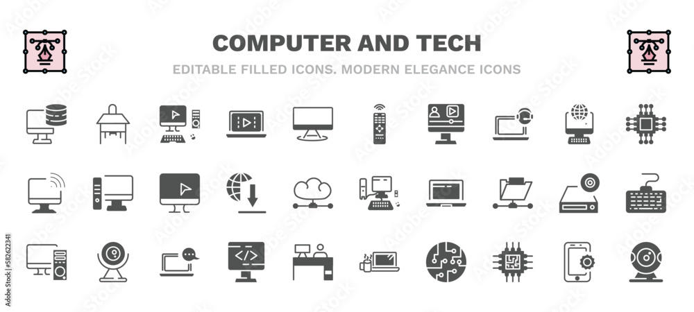 set of computer and tech filled icons. computer and tech glyph icons ...