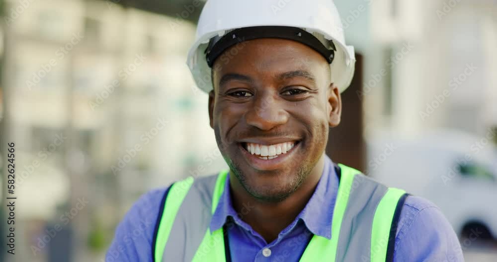 Architect face, construction worker and black man happy for real estate ...