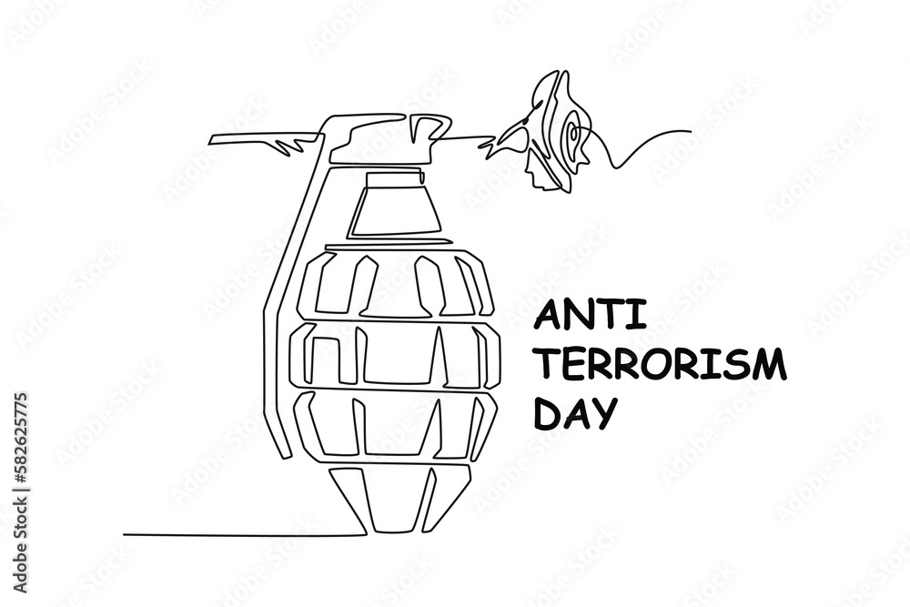 Single one-line drawing grenades with flowers on it. Anti-terrorism day ...