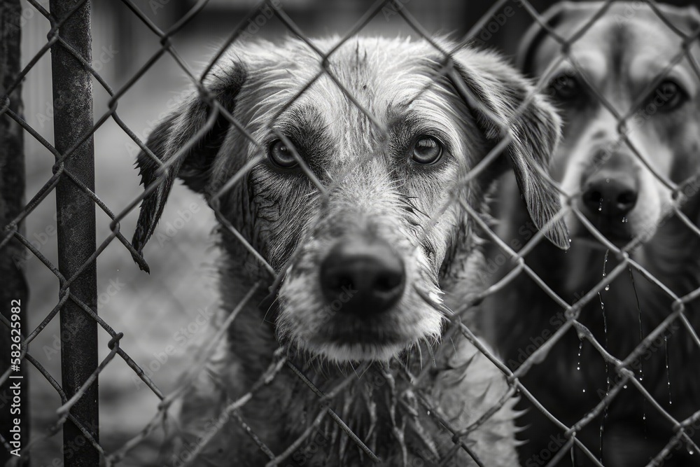 A photograph in black and white of dogs at a homeless dog shelter ...