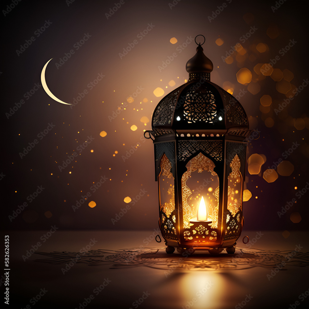 Ramadan lantern with crescent moon on night sky background Stock ...
