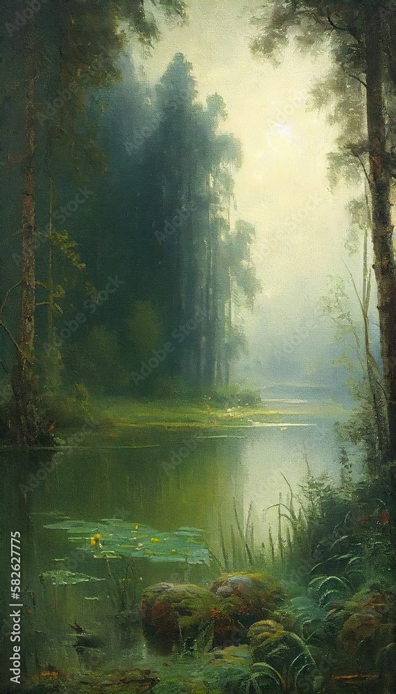 painting lake surrounded trees beautiful wallpaper subtle fog oil deep ...