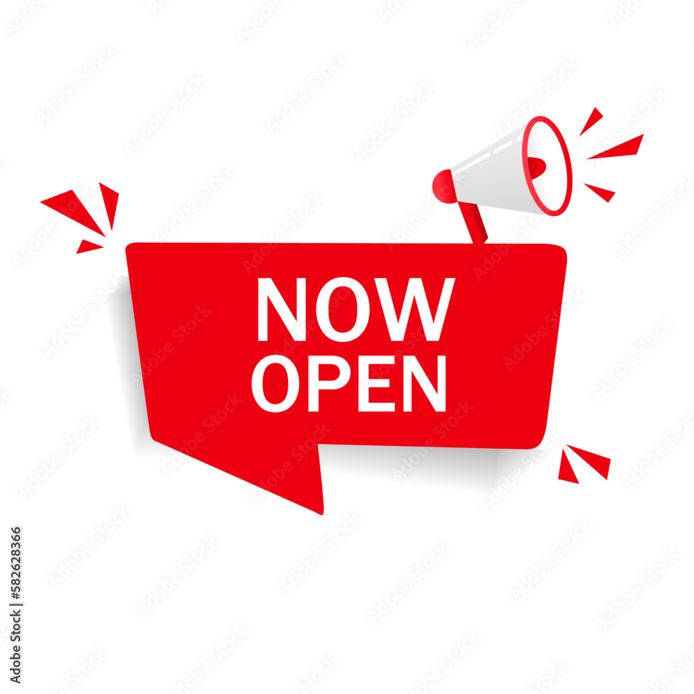 Now open banner With Megaphone icon. Now open - store, badge, sign ...