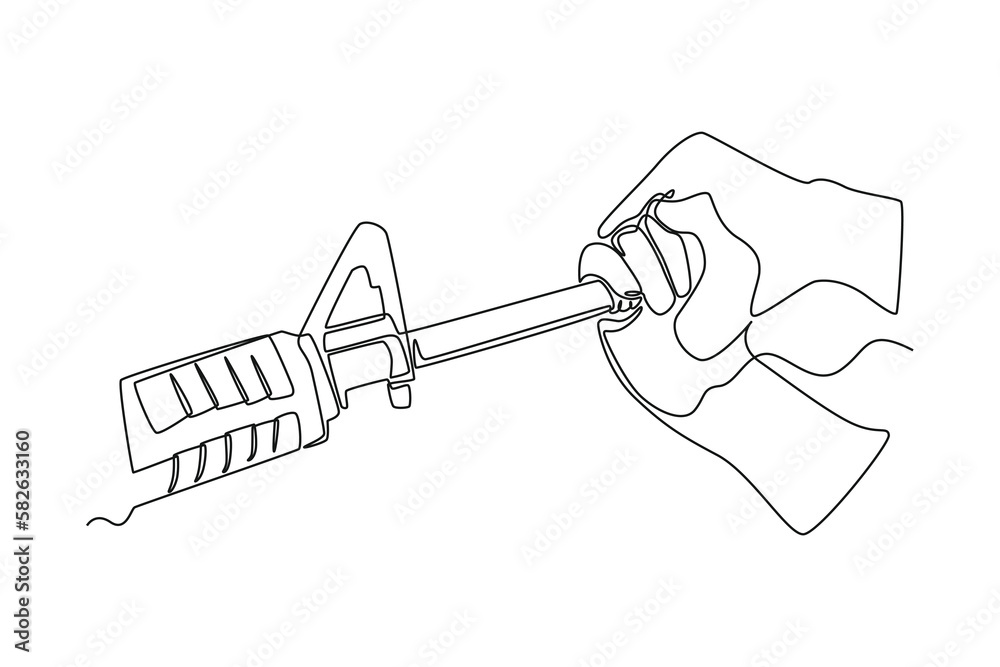 Single one-line drawing hand plugging the tip of the gun. Anti ...