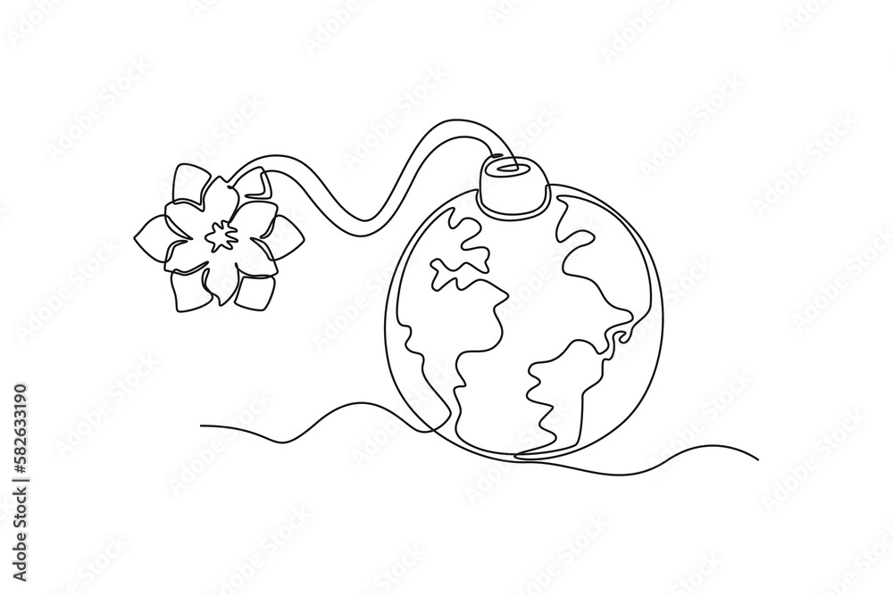 Single one-line drawing of the bomb resembles a globe and flowers on it ...