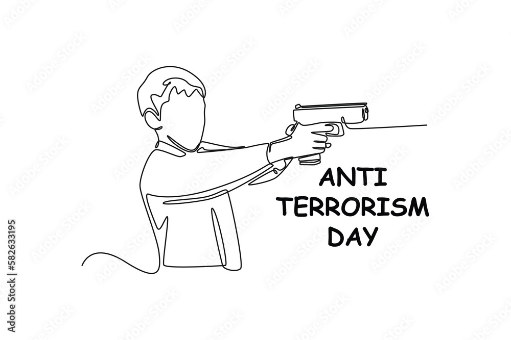 Single one-line drawing boy holding a gun on anti-terrorism day. Anti ...