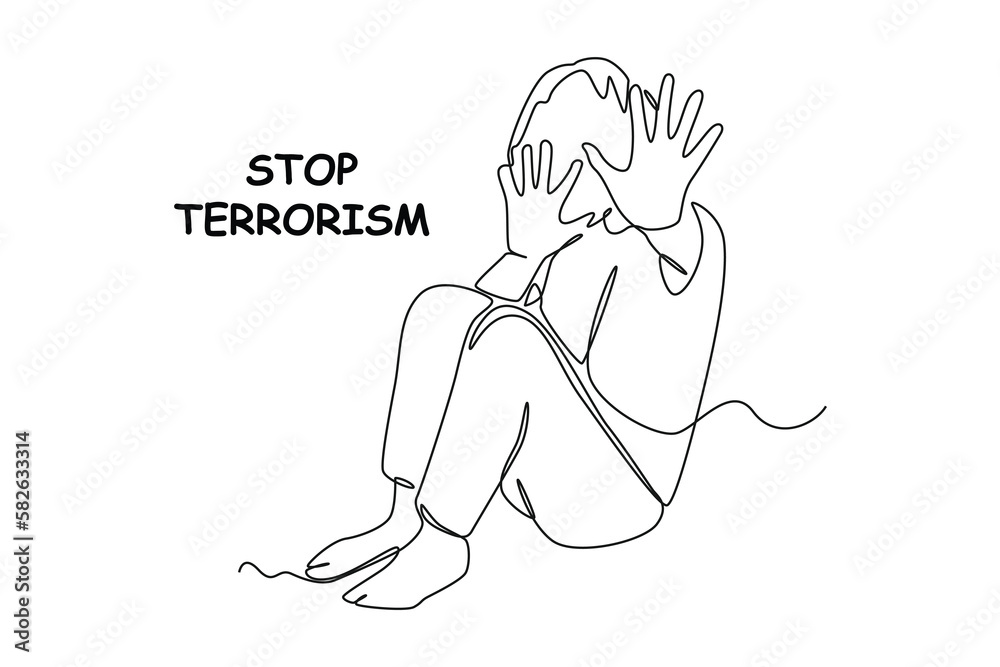 Single one-line drawing child giving stop terrorism gesture. Anti ...