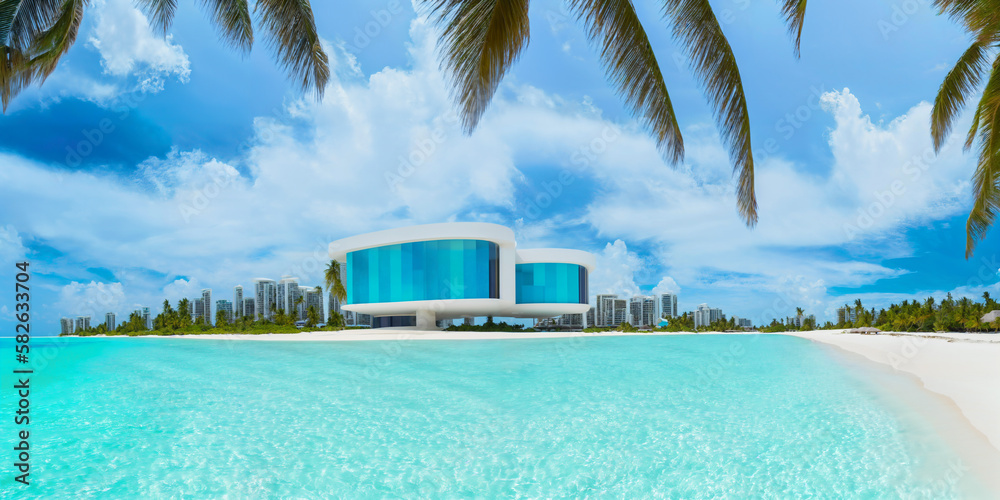 Tropical beach with palm trees and modern futuristic architecture ...