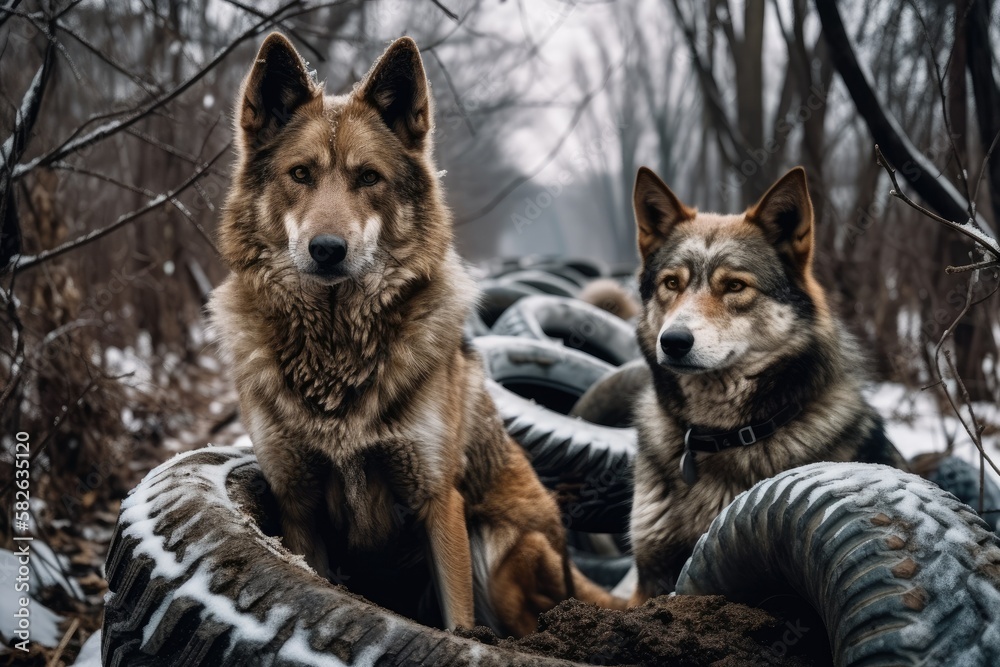 Wolves in the Chernobyl radiation zone run among abandoned hoses in the ...