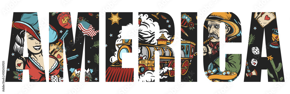 America slogan. USA art. Traditional tattooing style. Cowboy girl ...