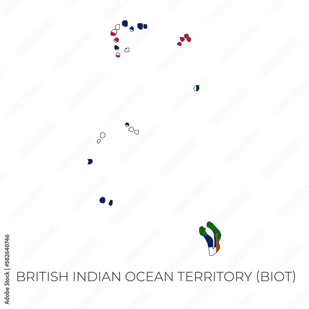 British Indian Ocean Territory (BIOT) map and flag. Detailed silhouette ...