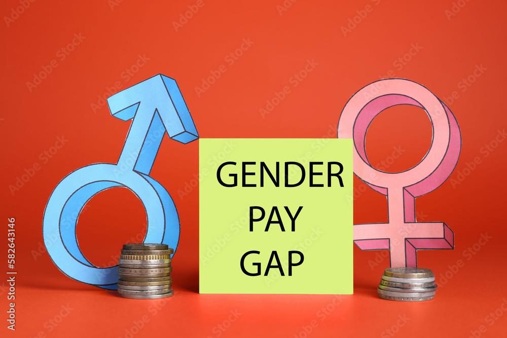 Gender pay gap. Male and female symbols near paper note, stacked coins ...