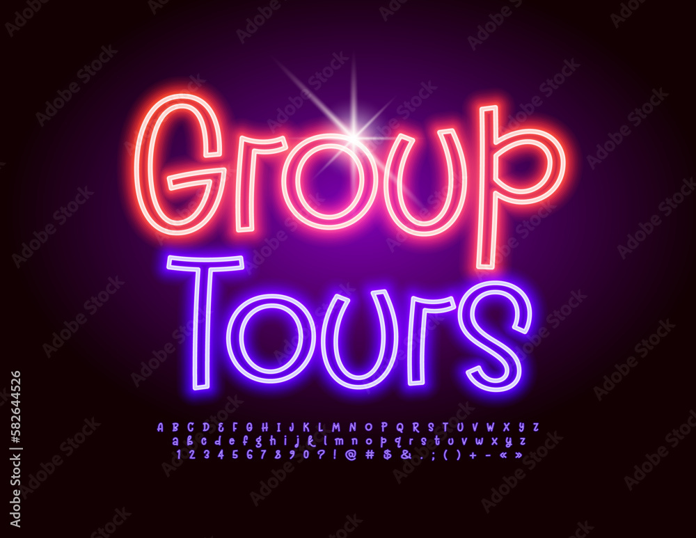 Vector glowing Banner Group Tours. Funny handwritten Font. Playful ...