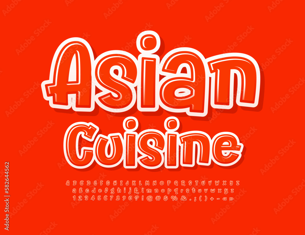 Vector creative sign Asian Cuisine. Red glossy Font. Modern Alphabet ...