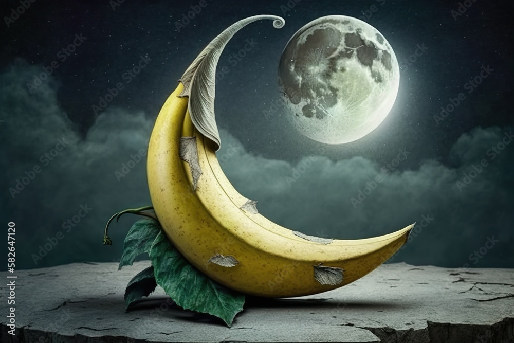 Single yellow banana ripe fruit with night Moon in sweet dreams,science ...