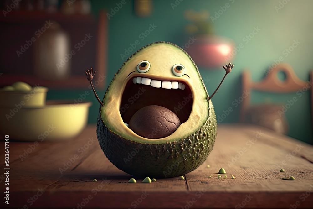 Funny smiling avocado with hands up and stomach visible in his mouth ...