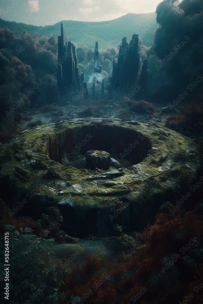 a beautiful alien planet crater with a huge fractal monolith created ...