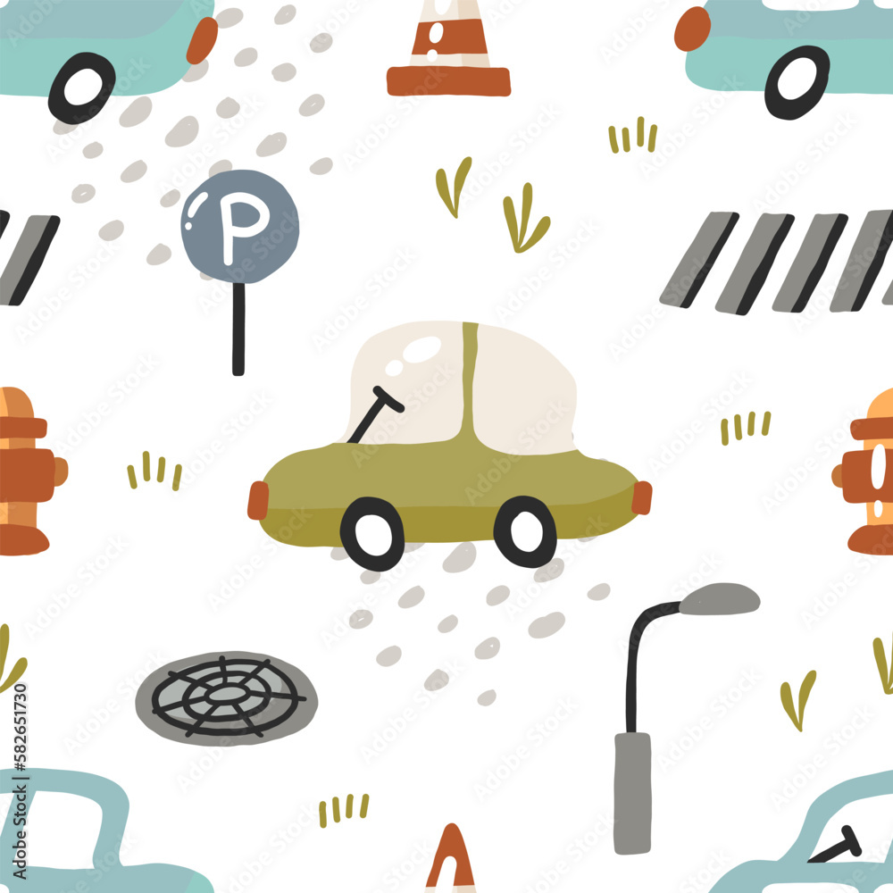Cartoon cars and city road map. Cute childish background. Urban ...
