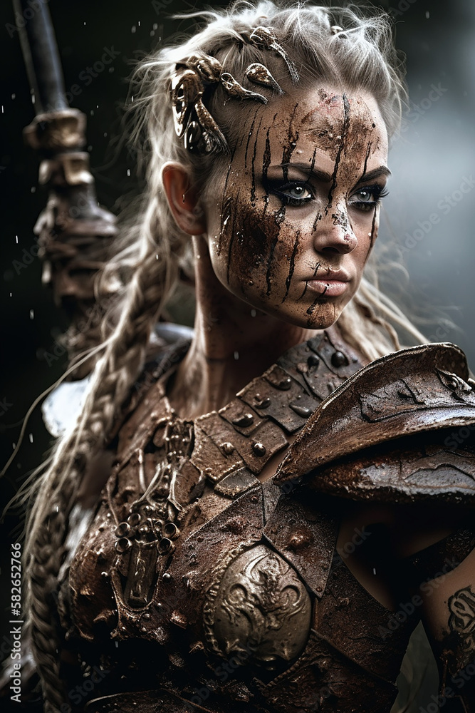 Portrait of an ancient female viking warrior with blonde hair, metal ...