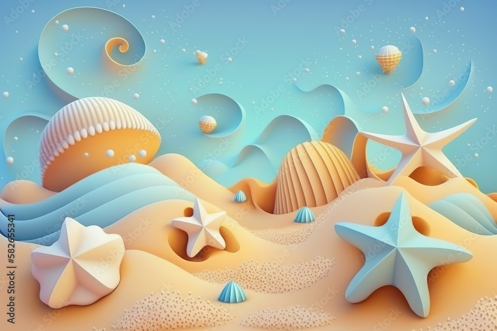 3D beach scene background with starfish and seashells. Plasticine clay ...
