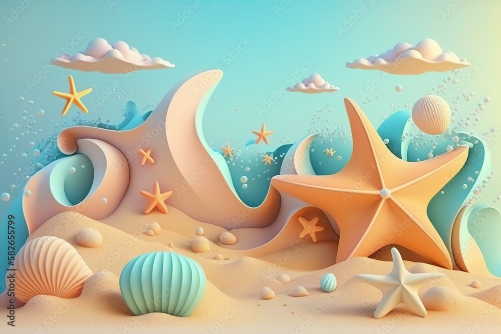 3D beach scene background with starfish and seashells. Plasticine clay ...