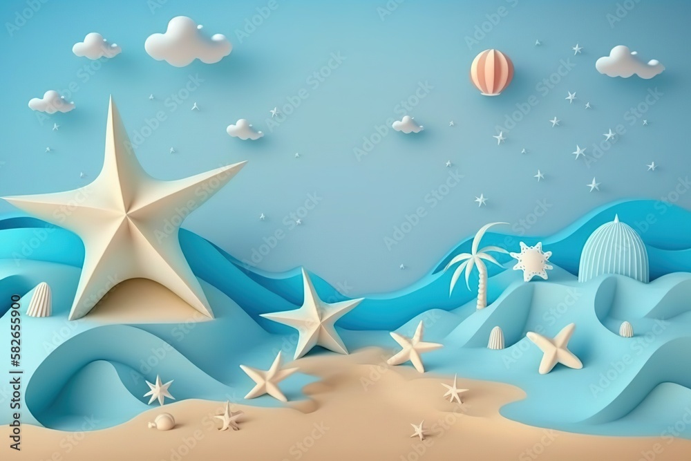 3D beach scene background with starfish and seashells. Plasticine clay ...