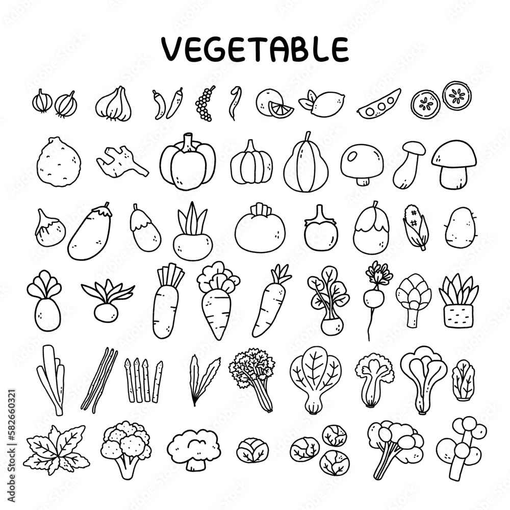 Vegetable doodle with black and white outline for coloring Stock Vector ...