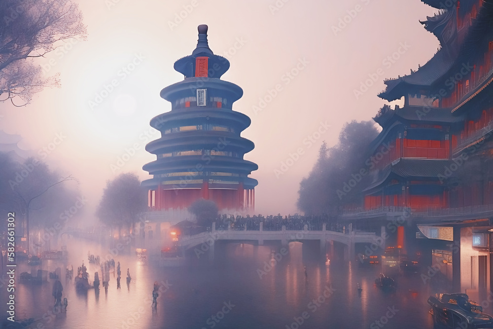 Chinese architecture concept art Stock Illustration | Adobe Stock