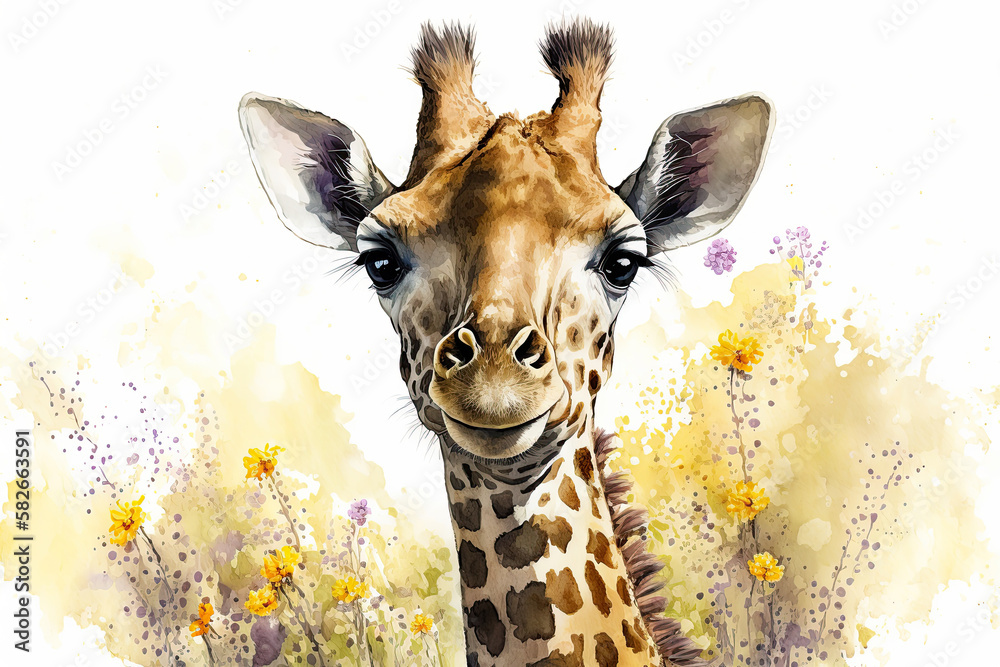 Watercolor painting of a cute baby giraffe on a blooming meadow ...